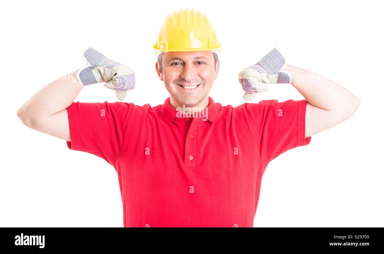 Builder or construction worker acting strong and powerful by flexing ...