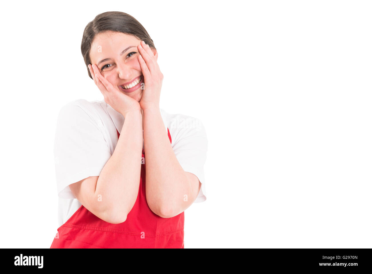 Adorable and young woman supermarket or hypermarket employee acting ...