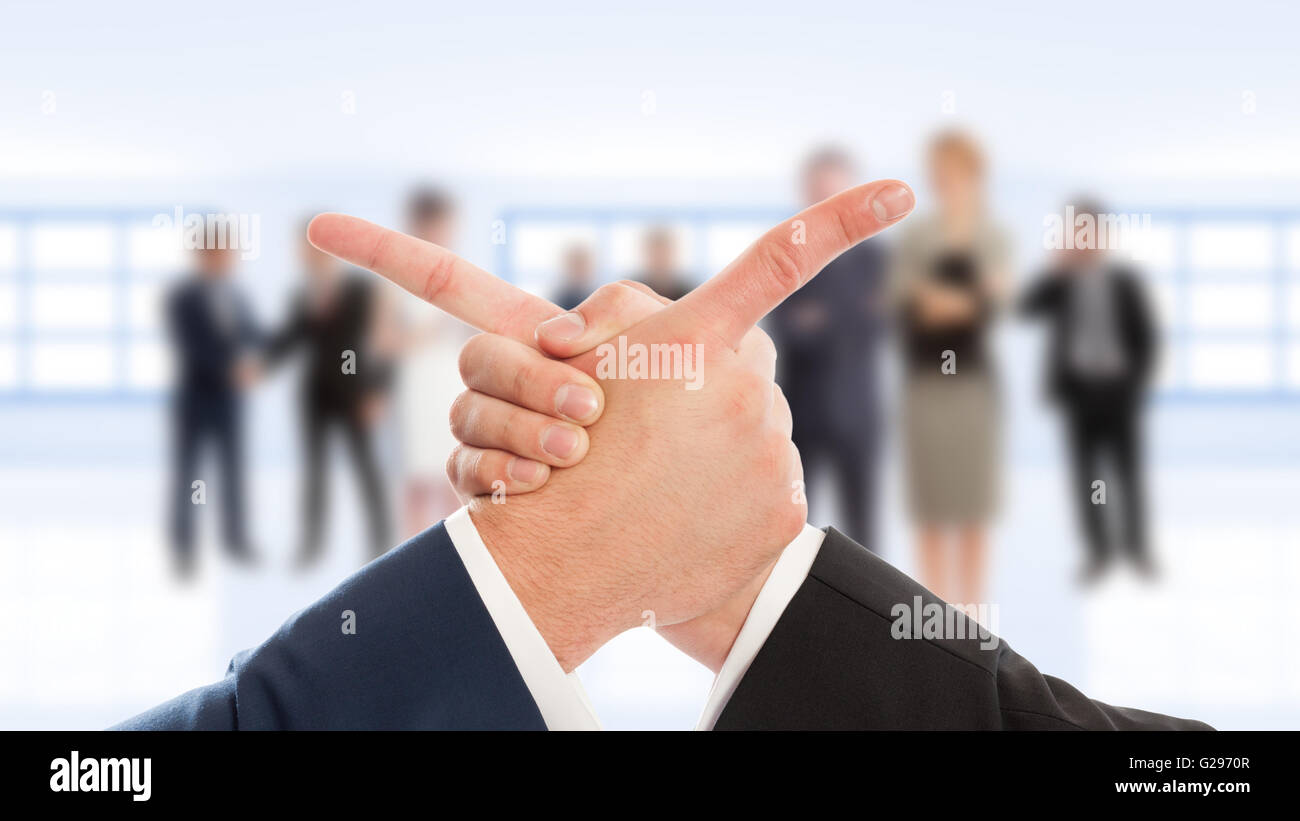 Business arms hand shake and finger point on business people background ...
