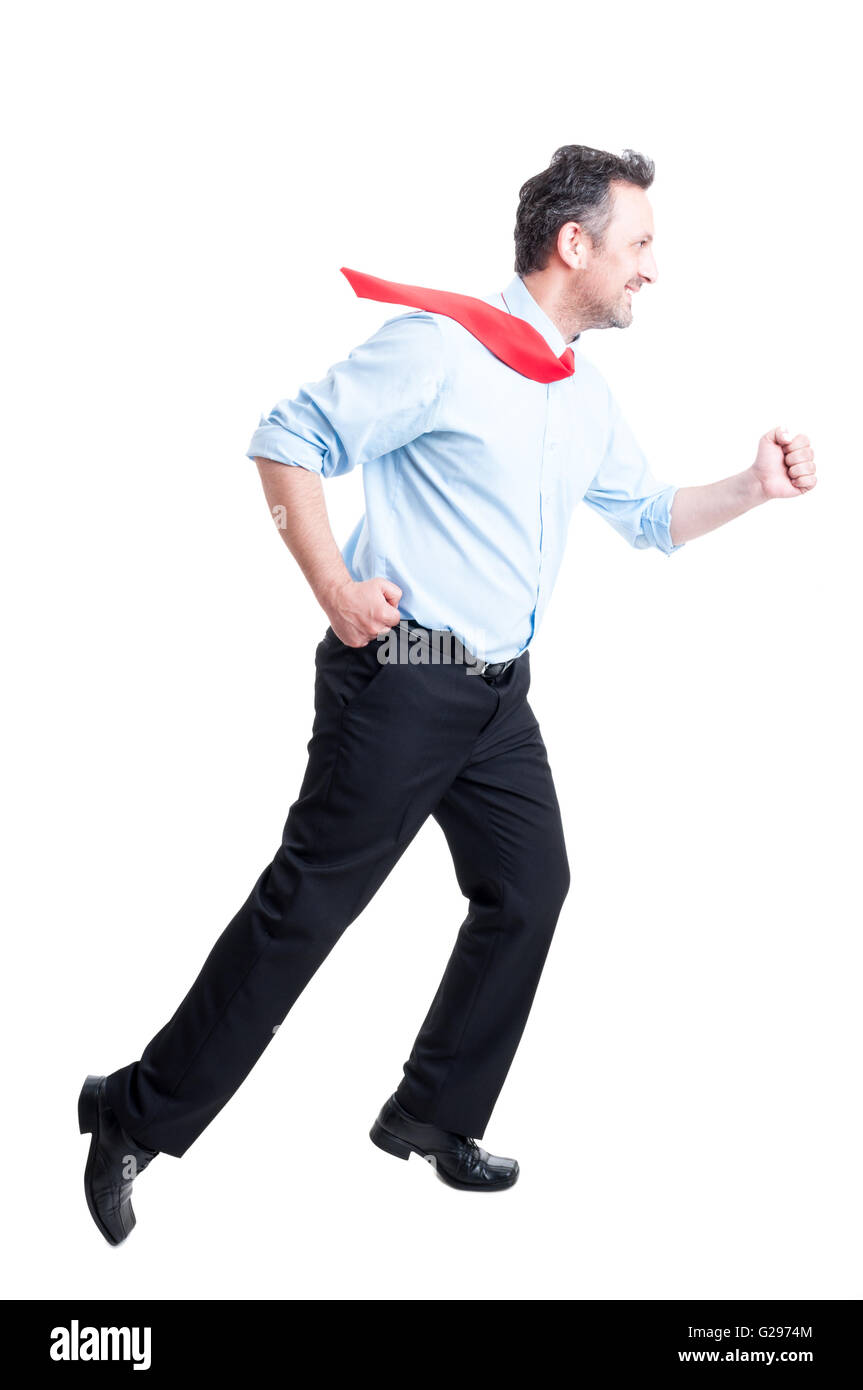 Business man running fast isolated on white background Stock Photo - Alamy