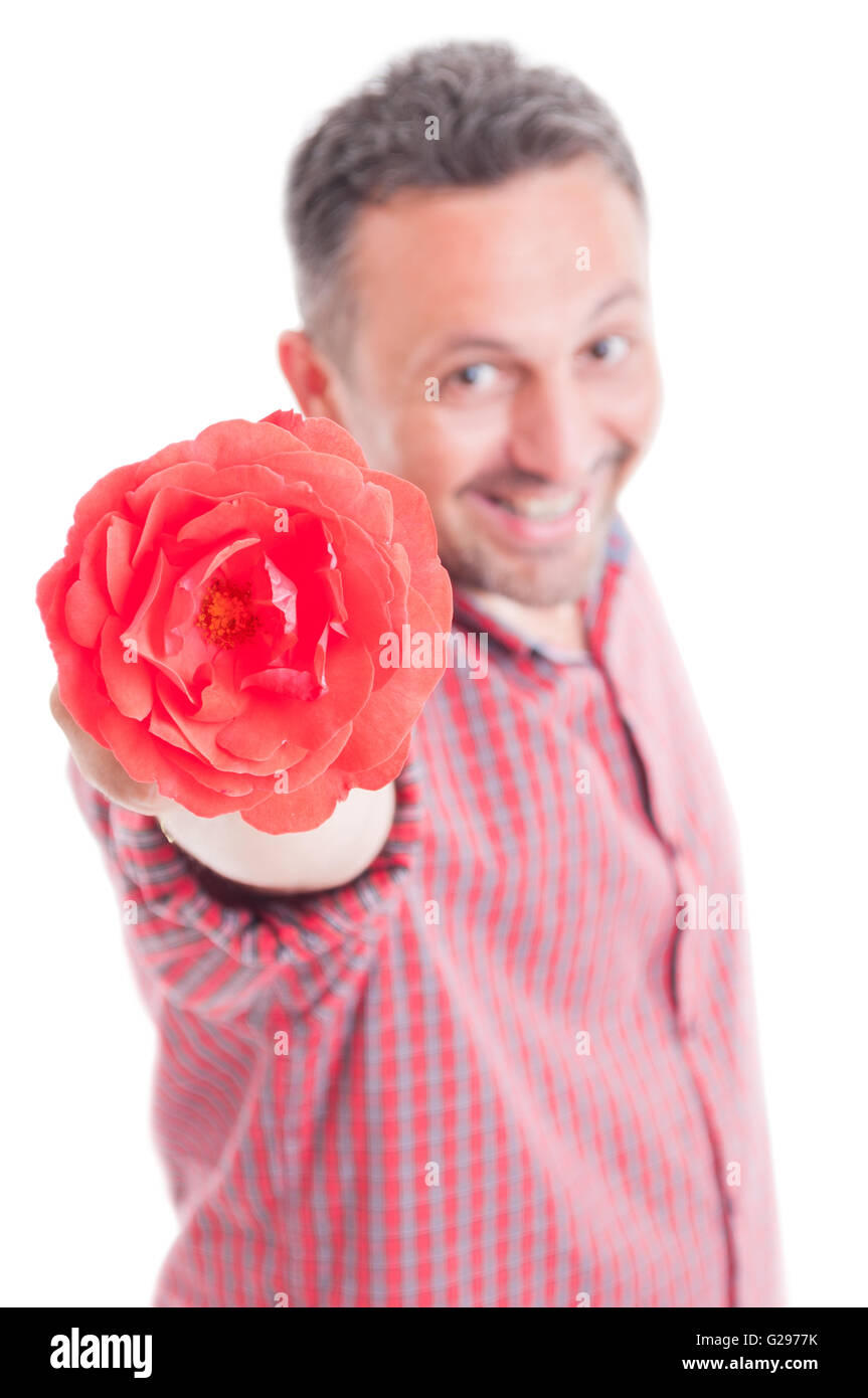 Romantic male offering flower. Lover concept isolated on white ...