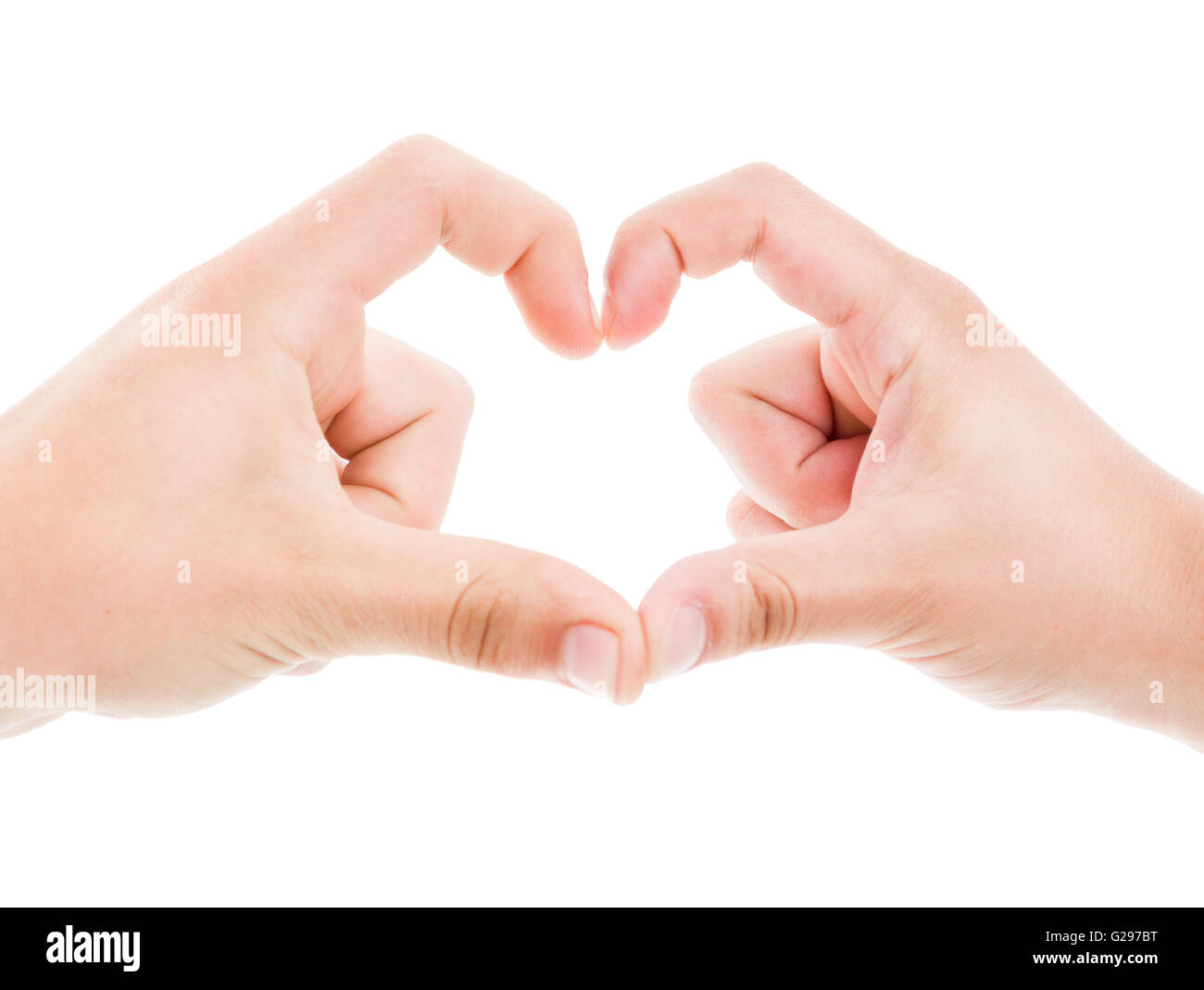 Couple making heart shape with fingers isolated on white studio ...