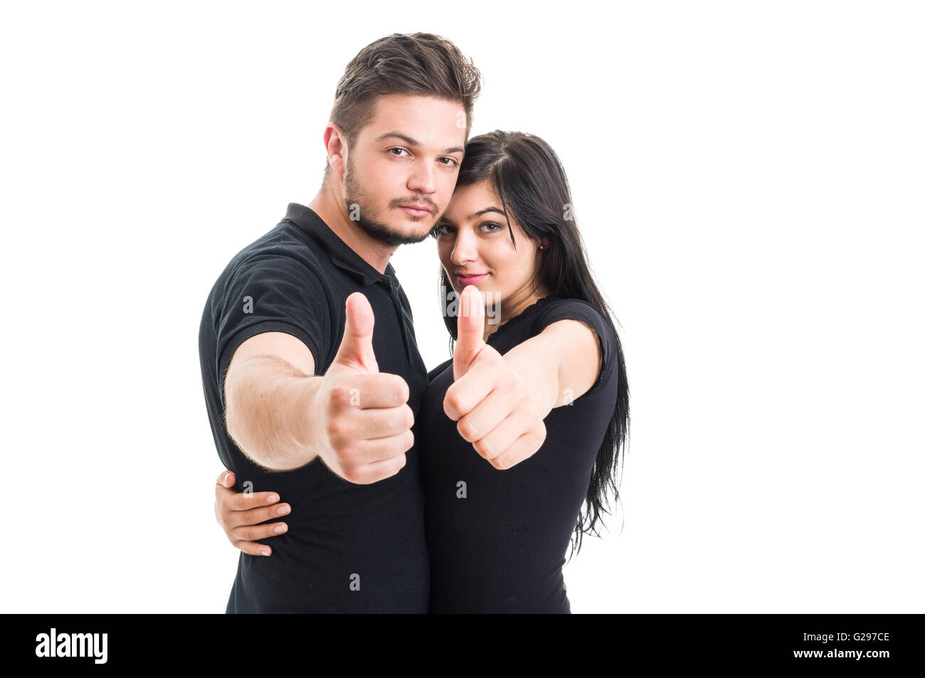 Happy young couple showing like together to the camera isolated on ...