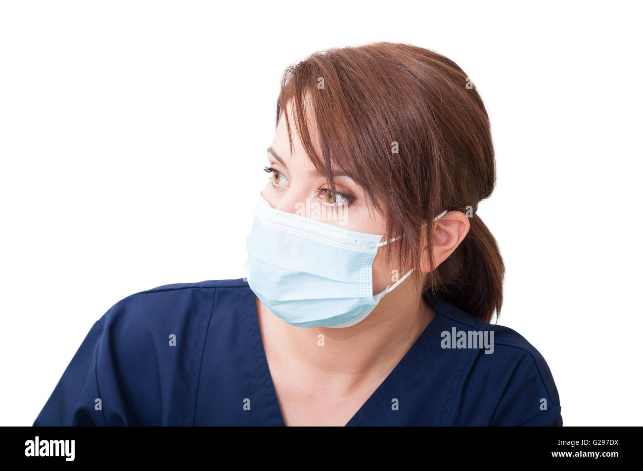 Woman doctor looking left and wearing mask isolated on white background ...