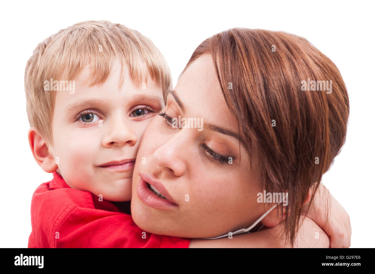 Protective mother hugging happy son. Single mother showing love concept ...