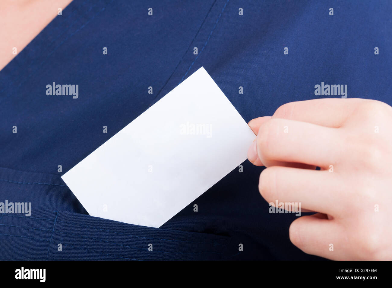 White or blank card with copy or text space in doctor pocket. Empty ...