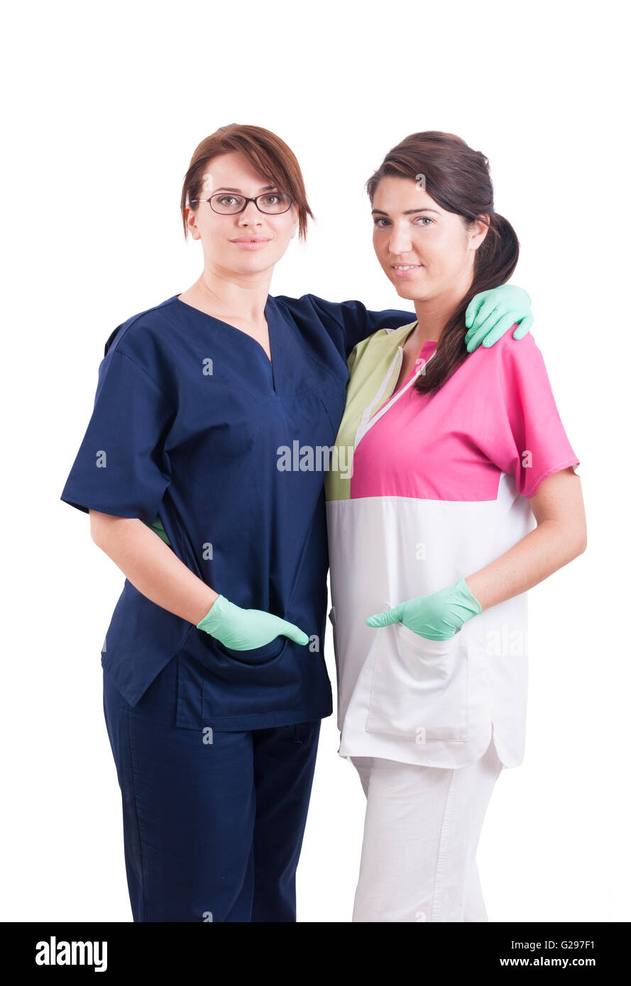 Medical team of two women isolated on white background Stock Photo - Alamy