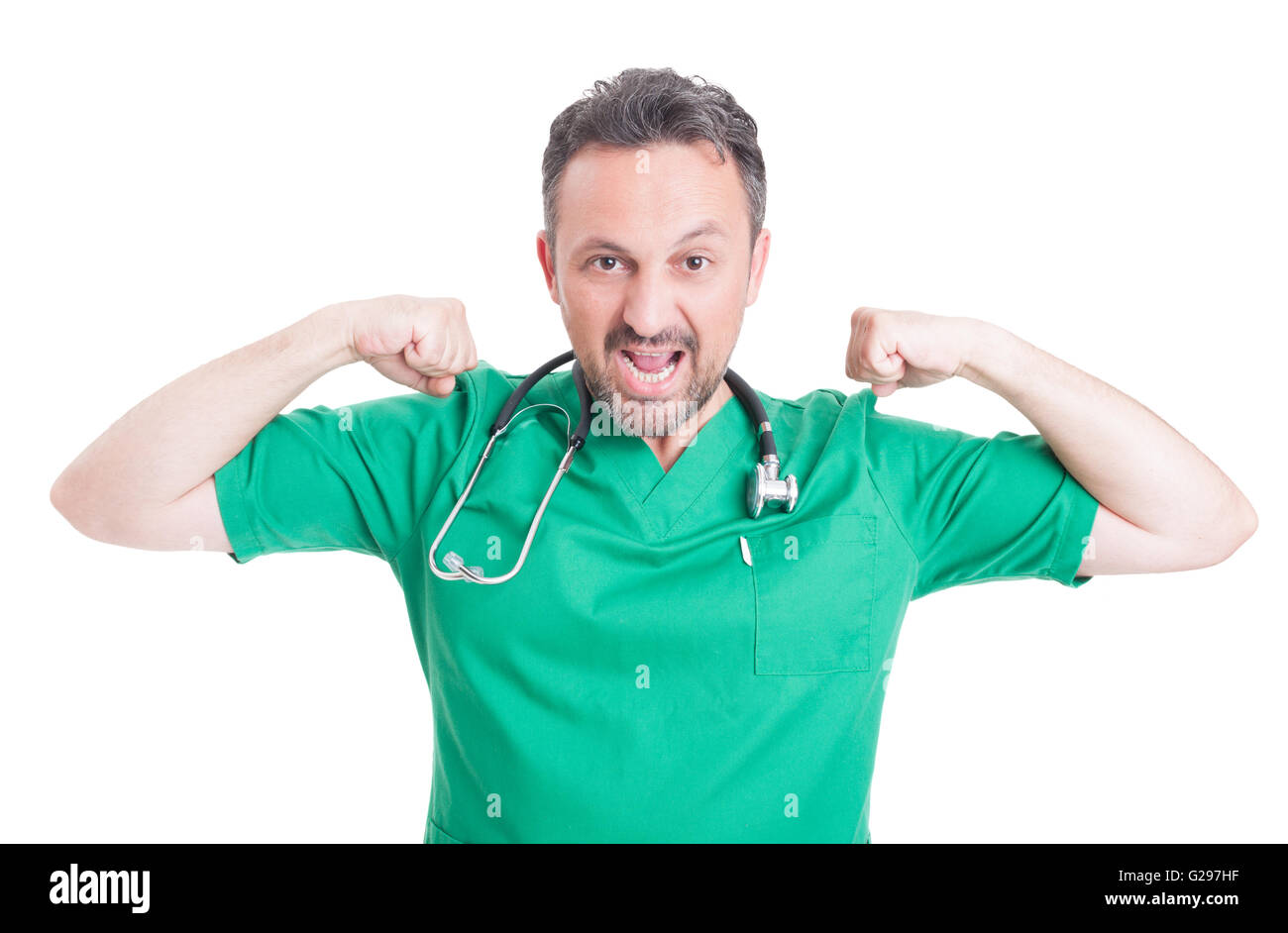 Male doctor looking powerful and strong by flexing arms expressing ...