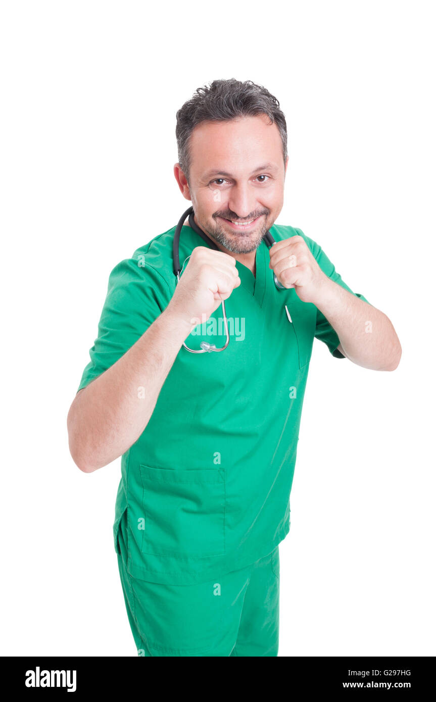 Male doctor in fighting position with fists up ready to punch Stock ...