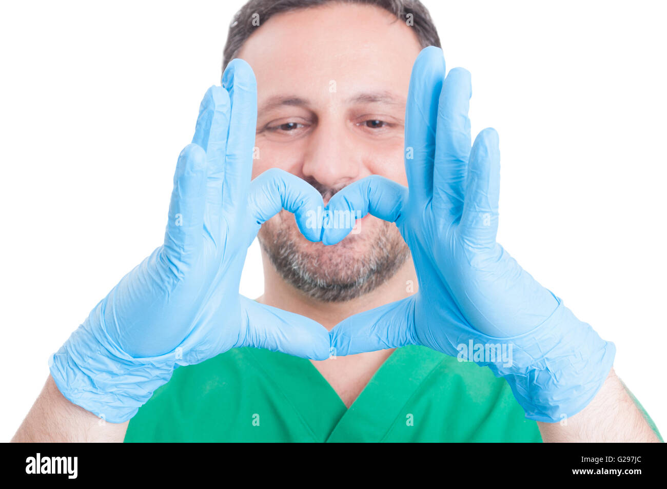 Cardiologist making heart gesture, shape, sign or symbol with hands and ...