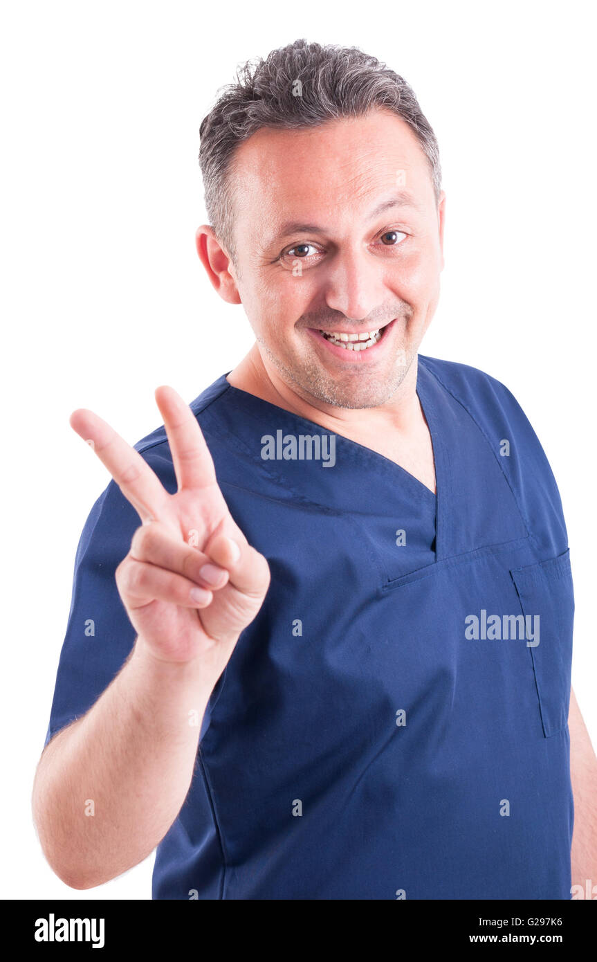 Successful doctor showing victory sign gesture with two fingers Stock ...