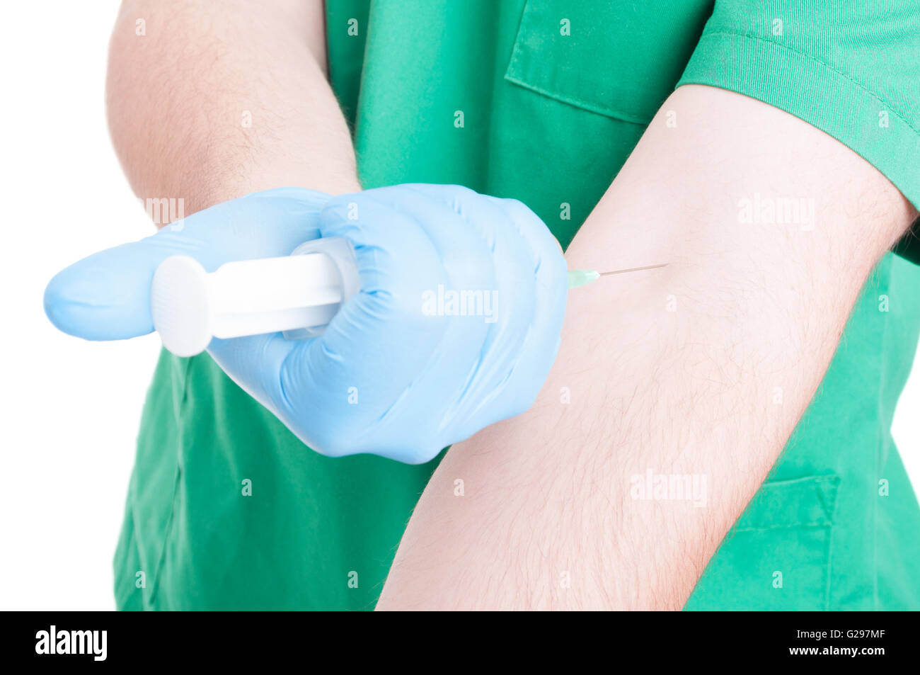 Doctor injecting himself in the arm with vaccine from a syringe Stock ...