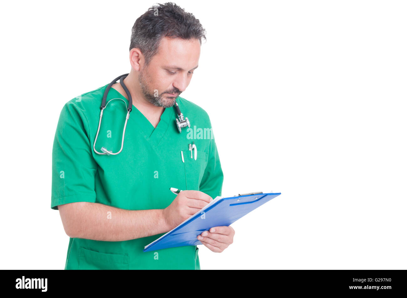 Busy doctor or medic writing on clipboard isolated on white background ...
