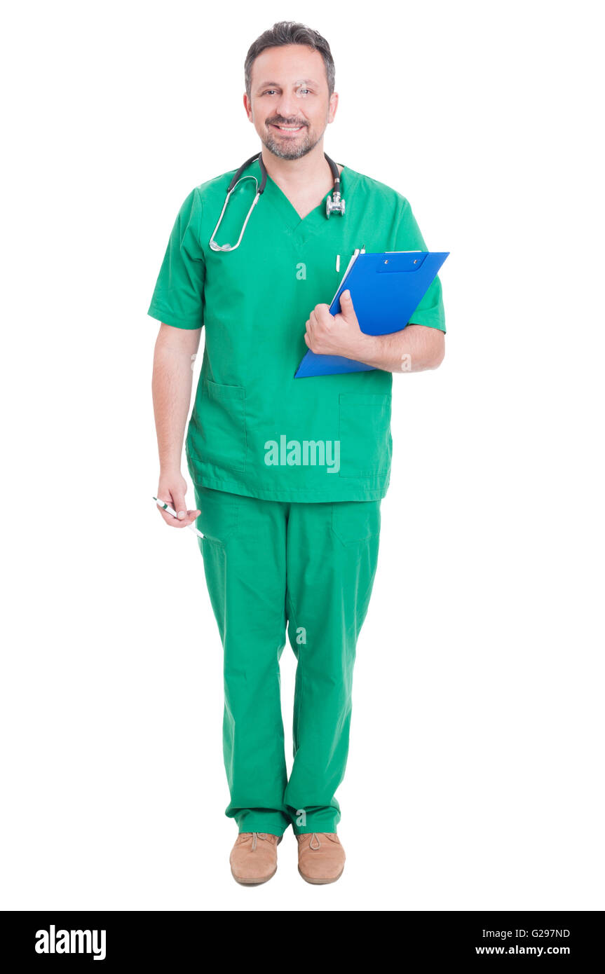 Full body of proud doctor or medic standing smiling isolated on white ...