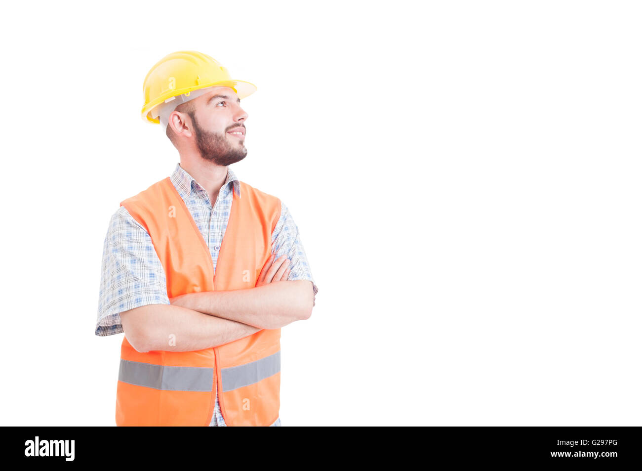 Successful builder or engineer looking up right isolated on white ...