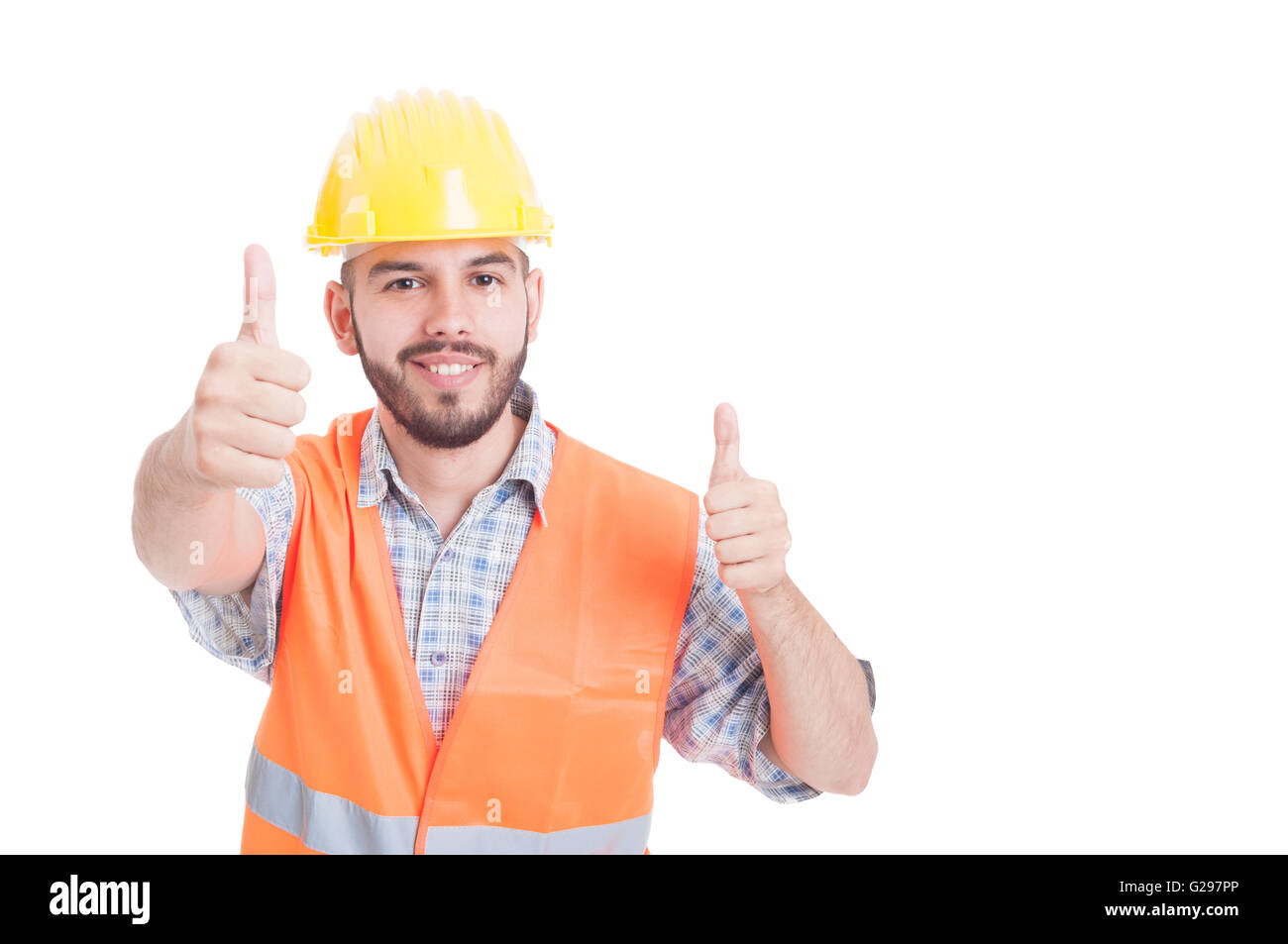 Successful builder or engineer showing like gesture isolated on white ...
