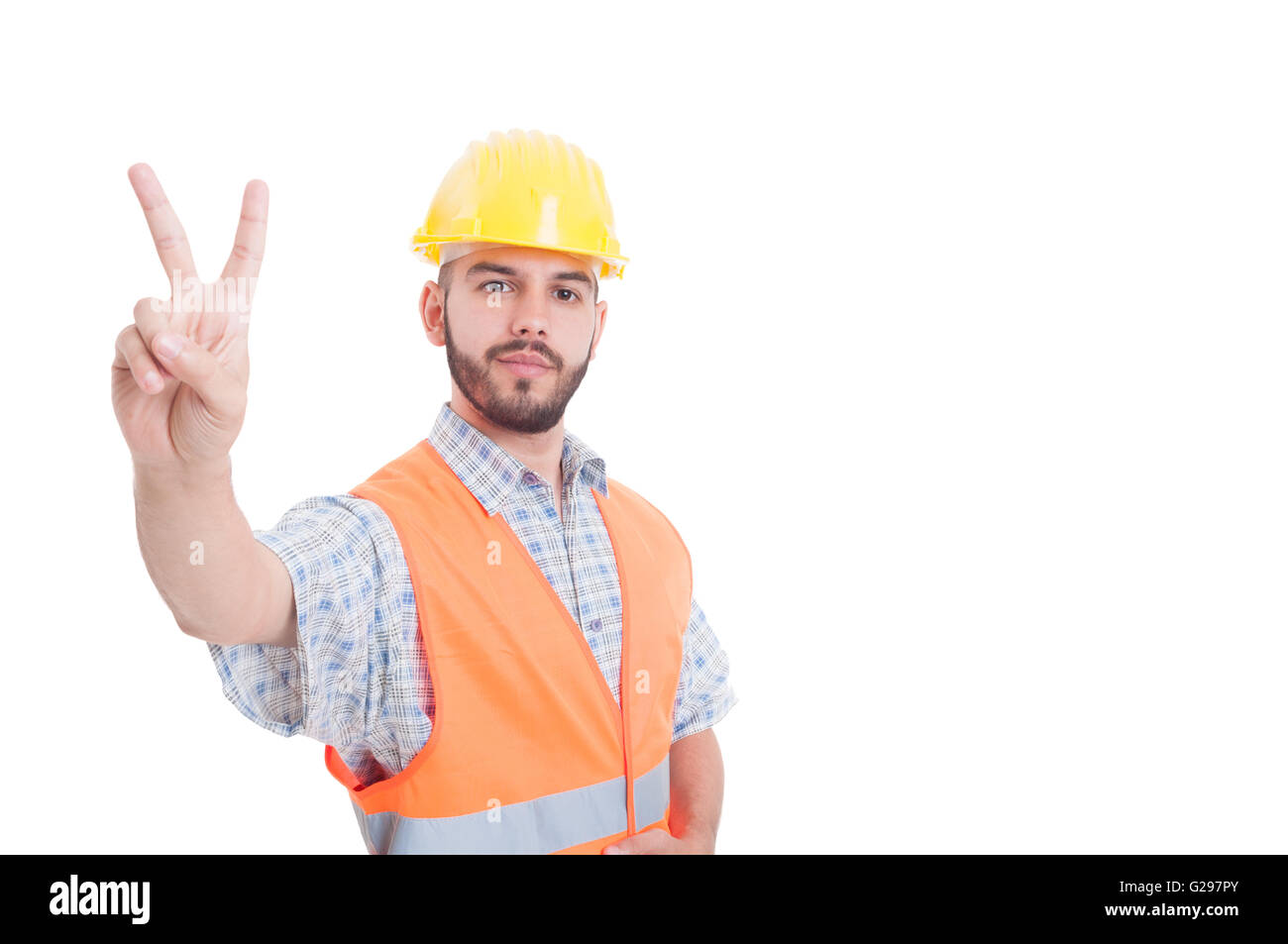 Construction worker, builder or engineer showing peace or victory ...