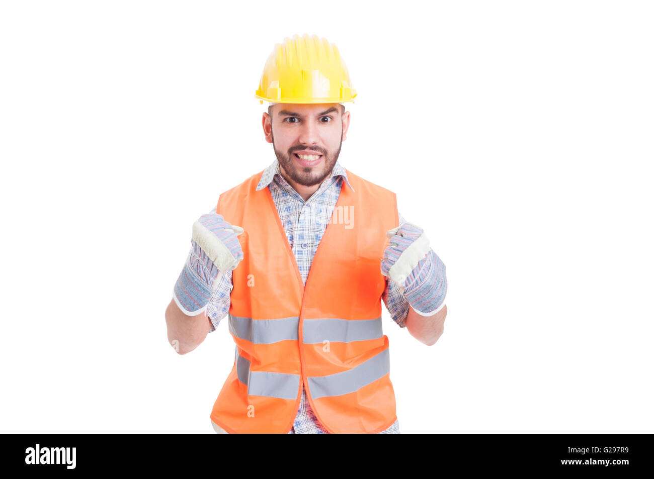 Excited and enthusiastic construction worker, builder or engineer Stock ...