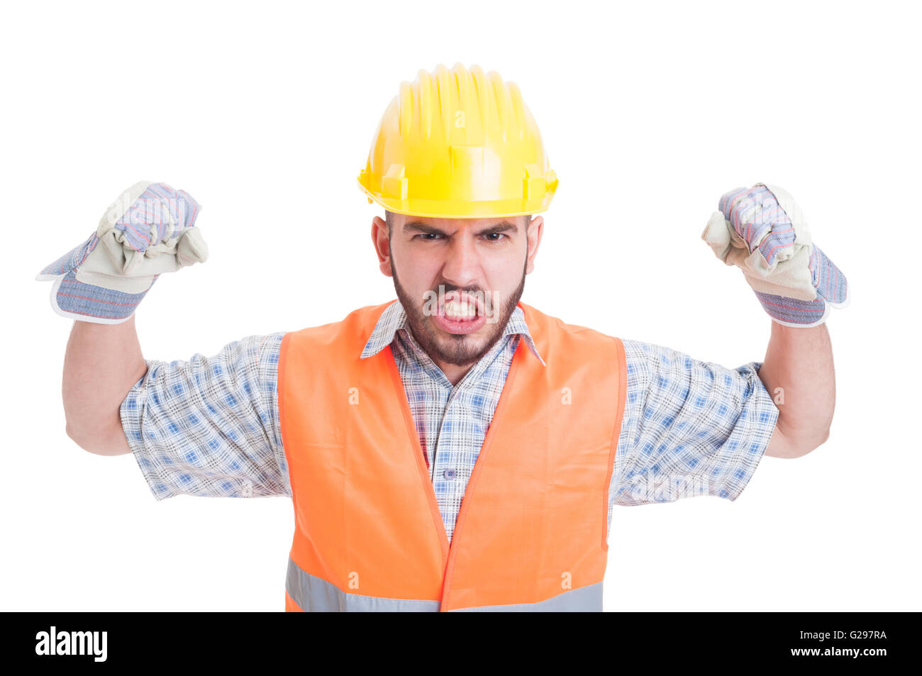 Man construction worker or builder acting aggressive Stock Photo - Alamy