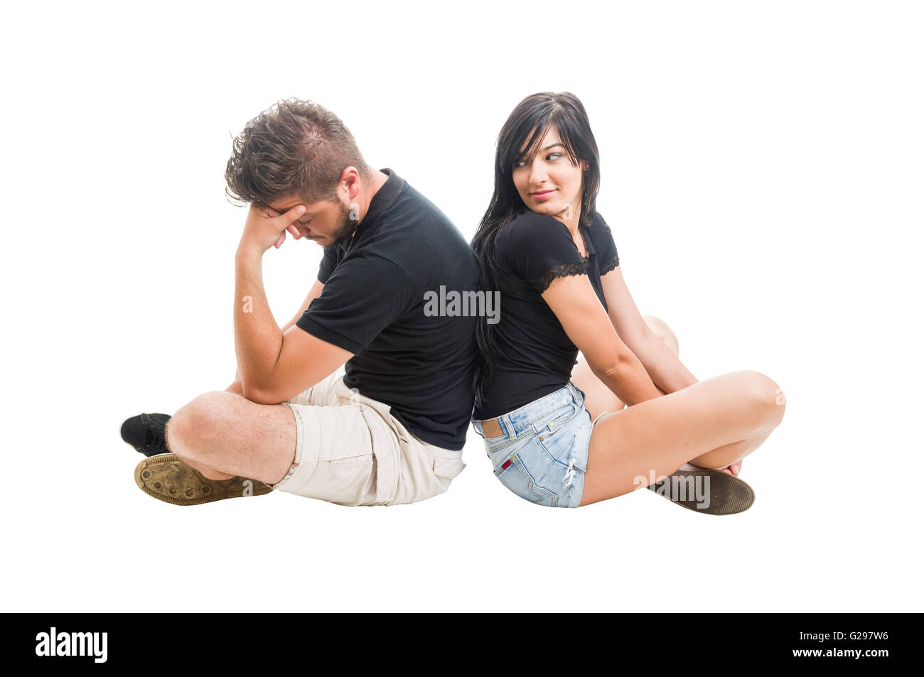 Young couple breaking up concept with boyfriend and girlfriend sitting ...