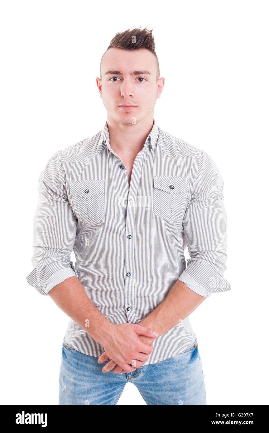 Strong male model posing on white background wearing casual clothes ...