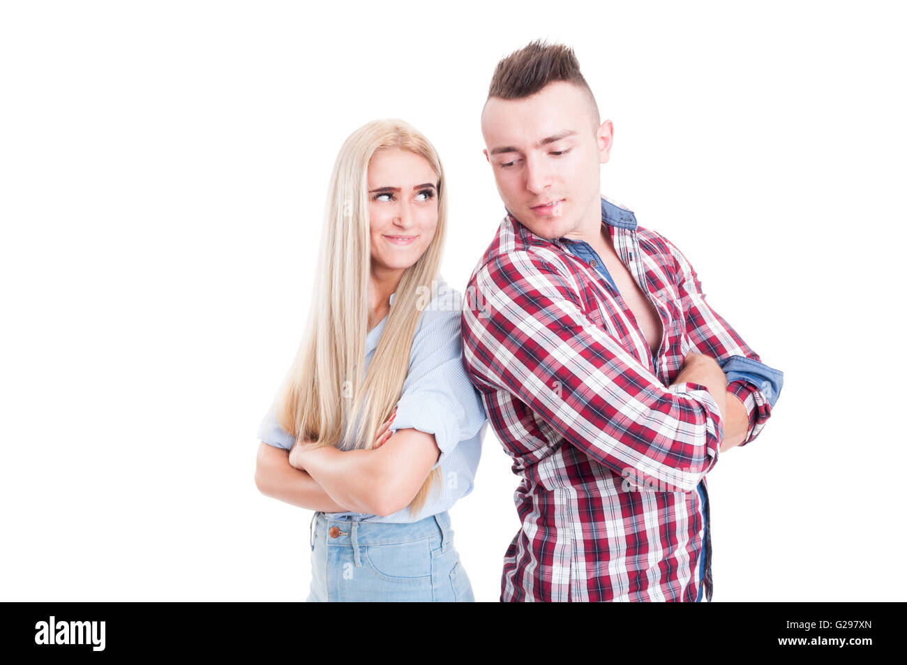 Happy couple back to back smiling and bonding on white background Stock ...