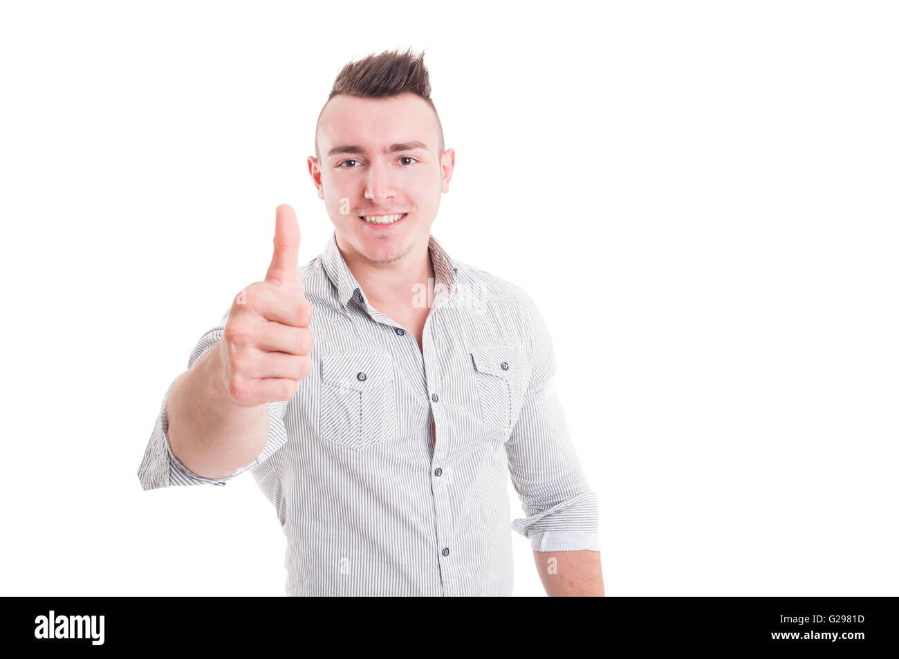 Smiling man showing like or thumb-up gesture isolated on white Stock ...