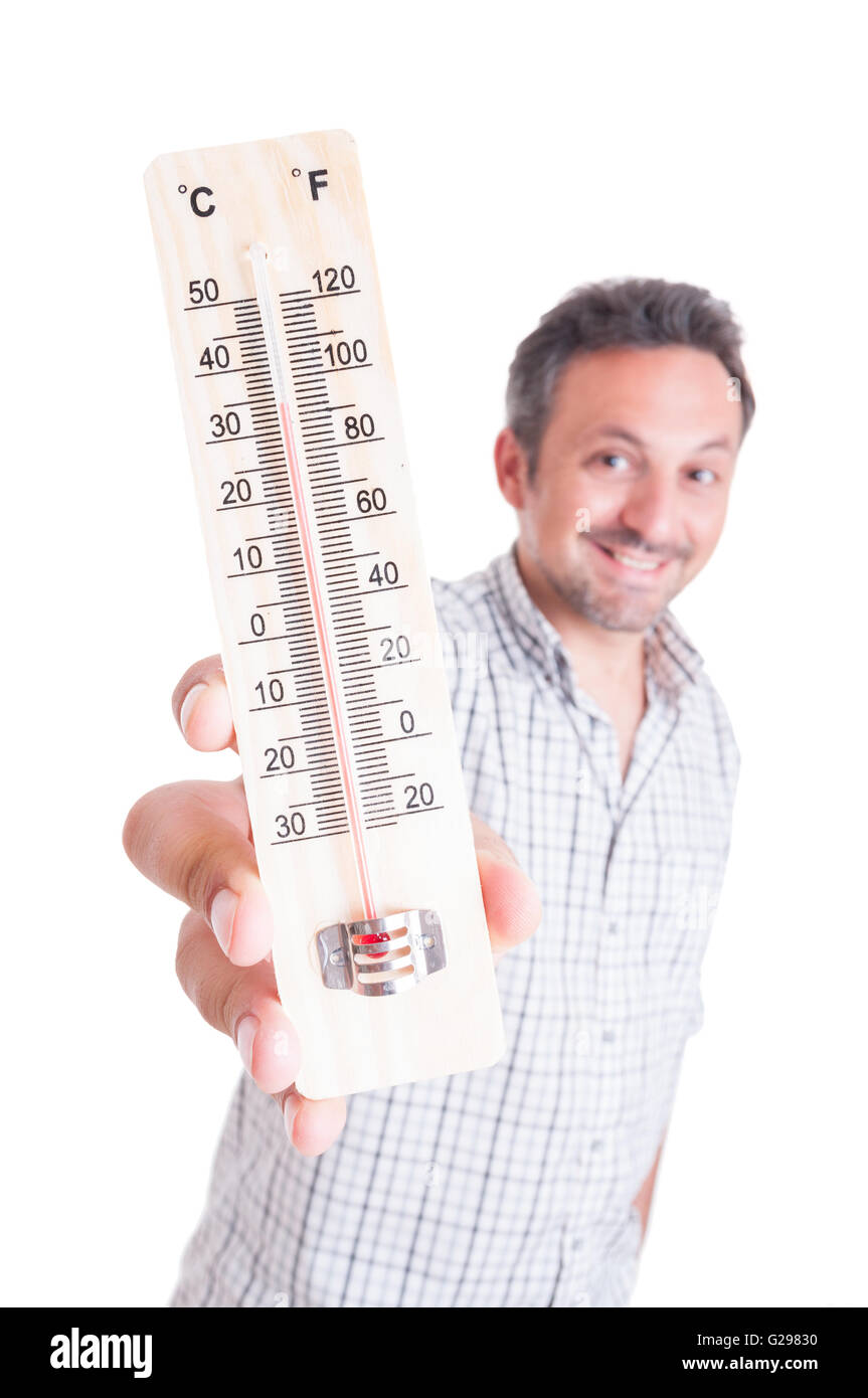 Smiling man holding thermometer isolated on white Stock Photo - Alamy