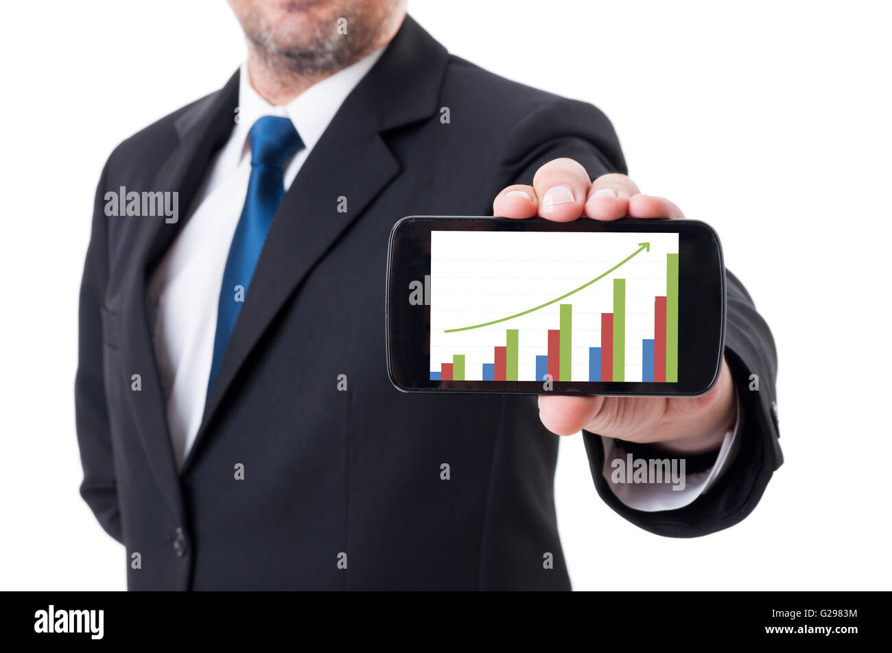 Man holding smartphone with growing financial chart. Phone with ...