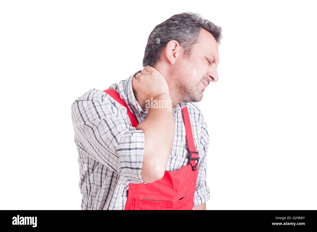 Mechanic having back neck pain concept isolated on white Stock Photo ...