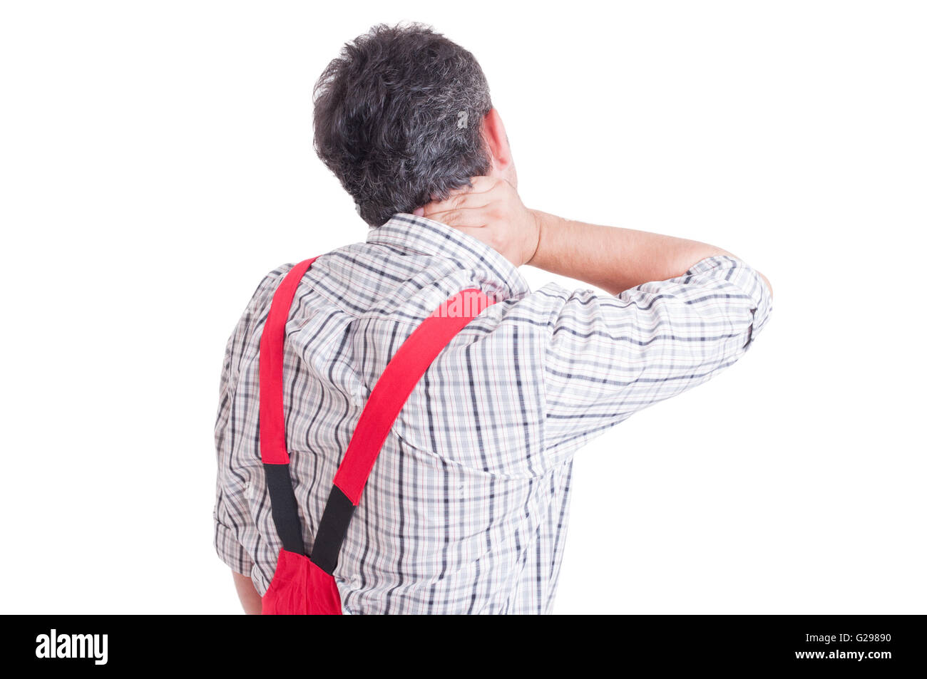 Plumber having back neck pain concept isolated on white Stock Photo - Alamy