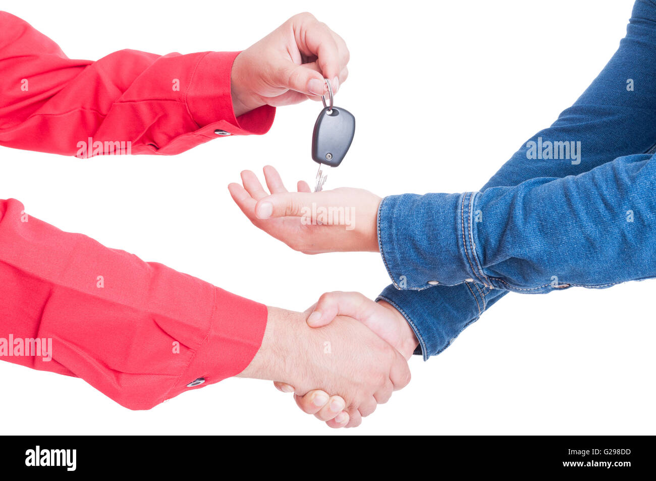 Car key handing and handshake between mechanic or auto dealer and ...