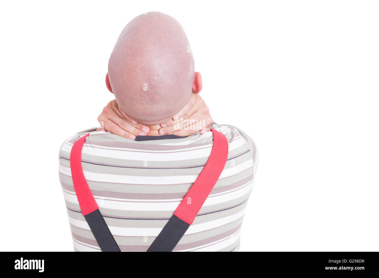 Worker having back neck pain. Plumber or mechanic medical problem Stock ...