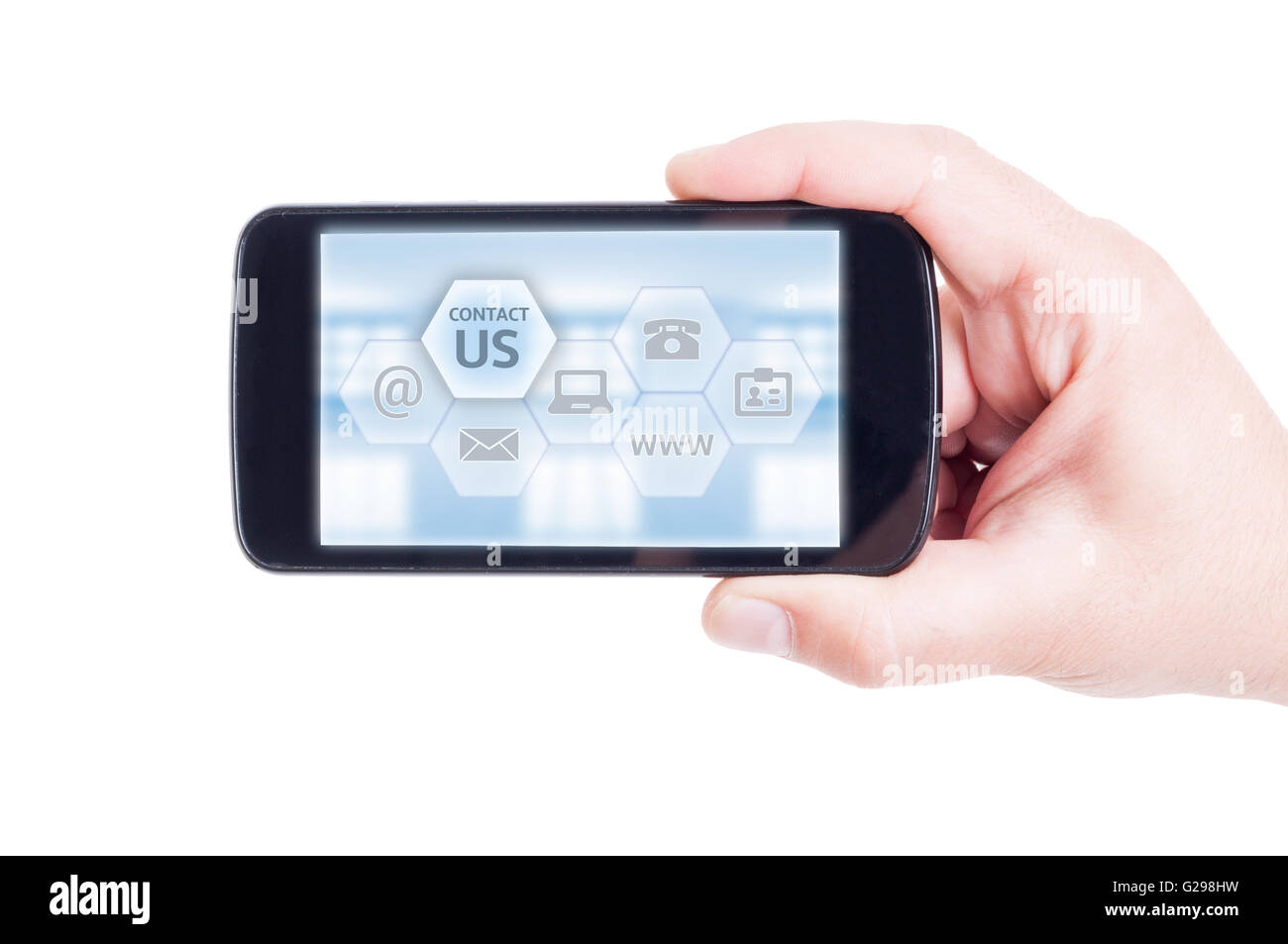 Contact us concept with hand holding smartphone. Email, address ...