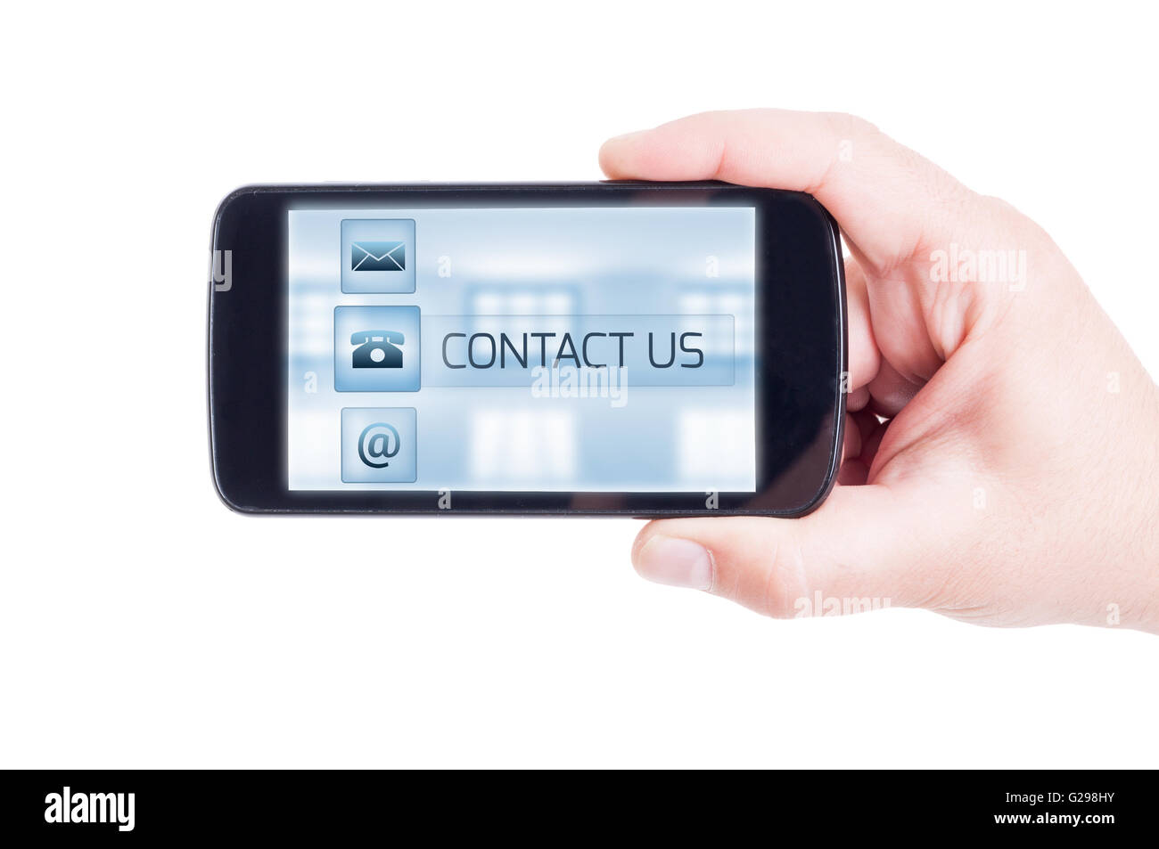 Contact us buttons concept on smartphone hold by hand Stock Photo - Alamy