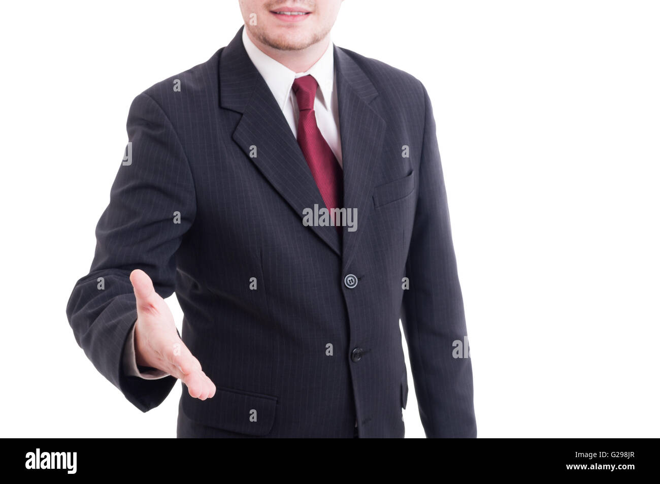 Handshake offer gesture by anonymous businessman isolated on white ...