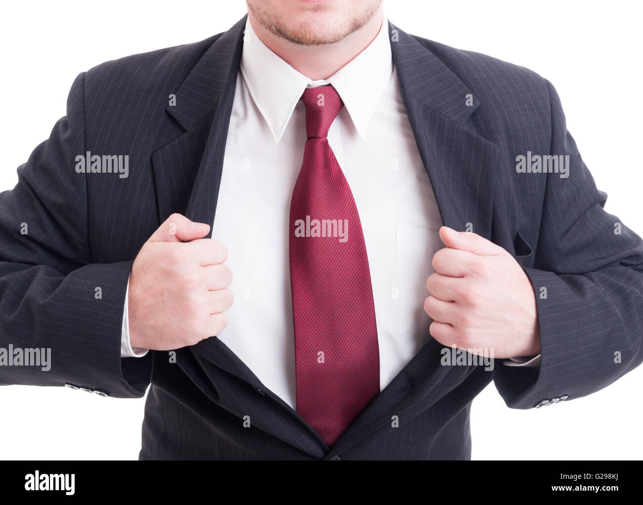 Super hero businessman concept with open suit jacket showing chest ...