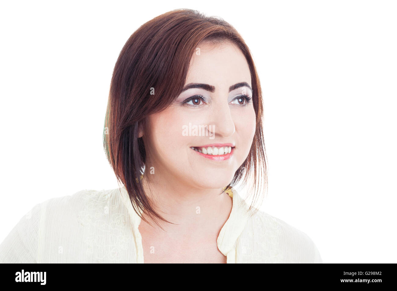 Portrait of an average woman smiling isolated on white studio ...