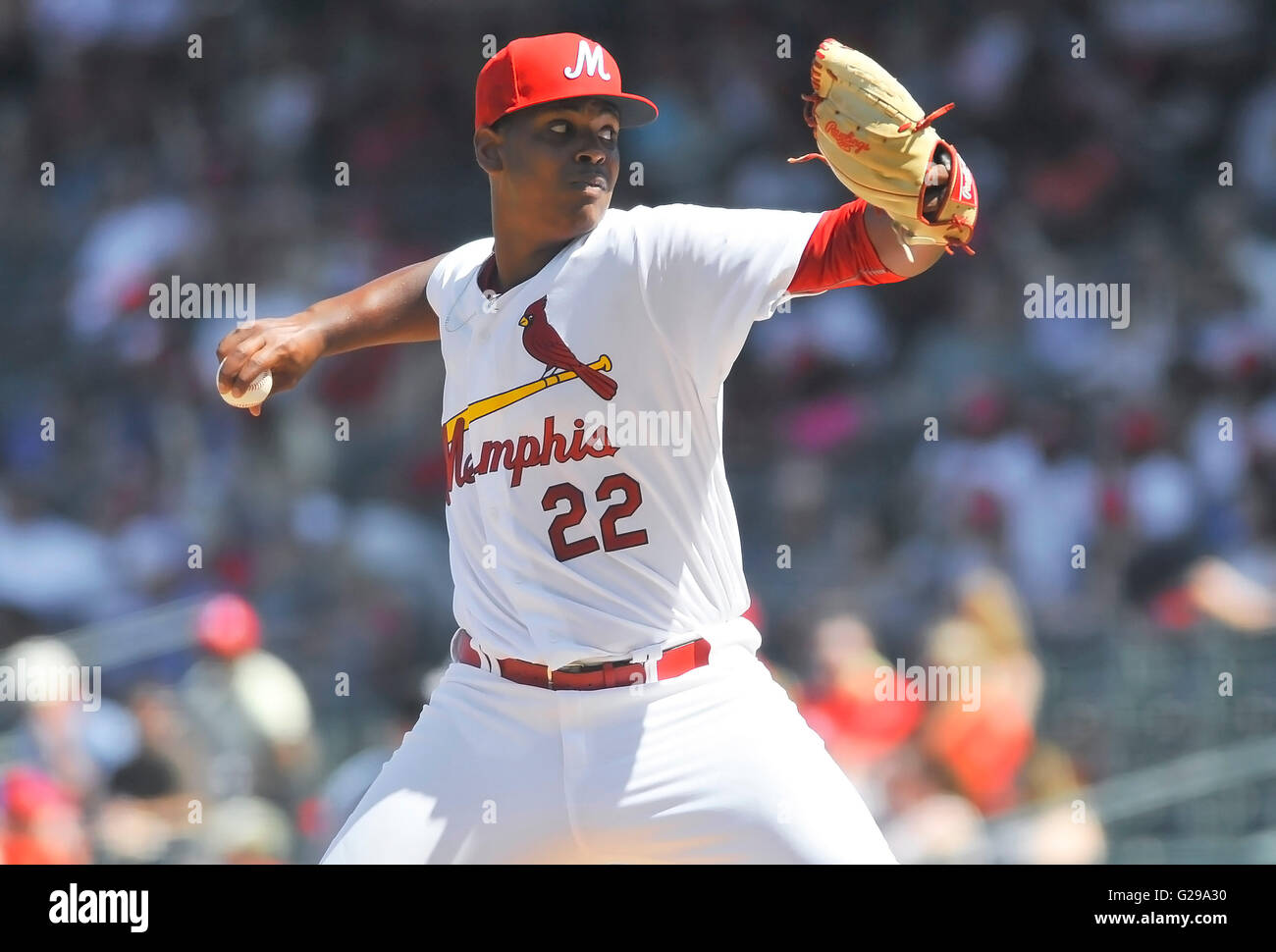 Memphis, TN, USA. 22nd May, 2016. Memphis pitcher Alex Reyes delivers a ...