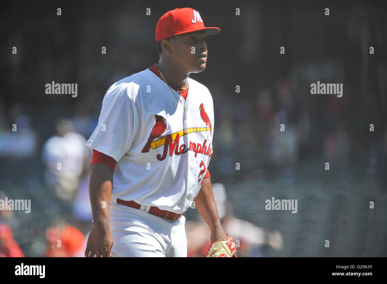 Memphis, TN, USA. 22nd May, 2016. Memphis pitcher Alex Reyes walks back ...