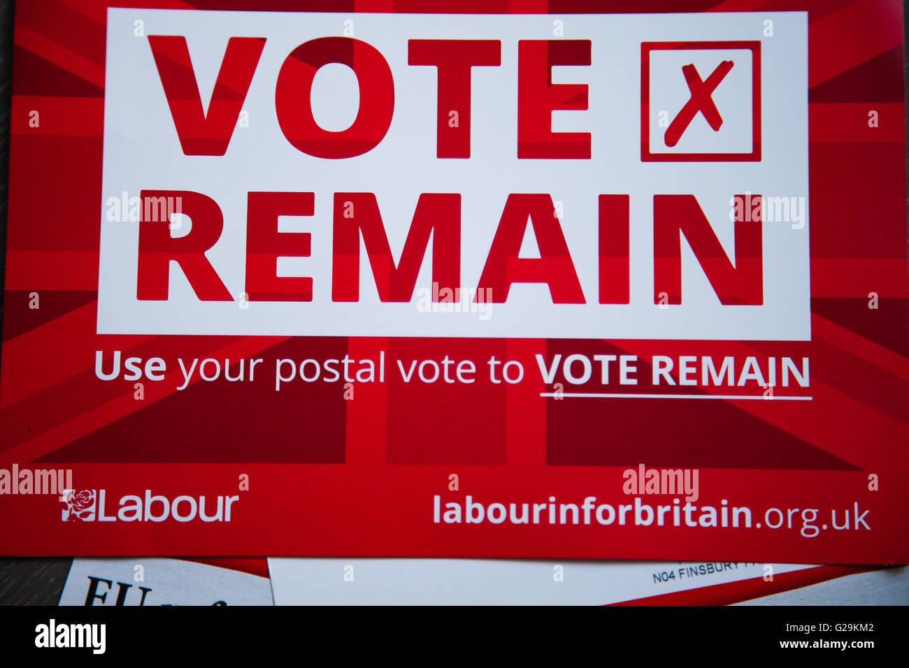 North London, UK 27 May 2016 - Vote Remain campaign leaflet by Labour ...