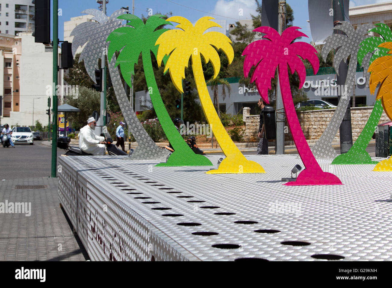 Beirut Lebanon. 27th May 2016. Palm trees are painted in various colors ...