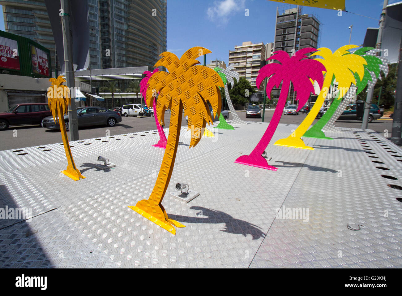 Beirut Lebanon. 27th May 2016. Palm trees are painted in various colors ...
