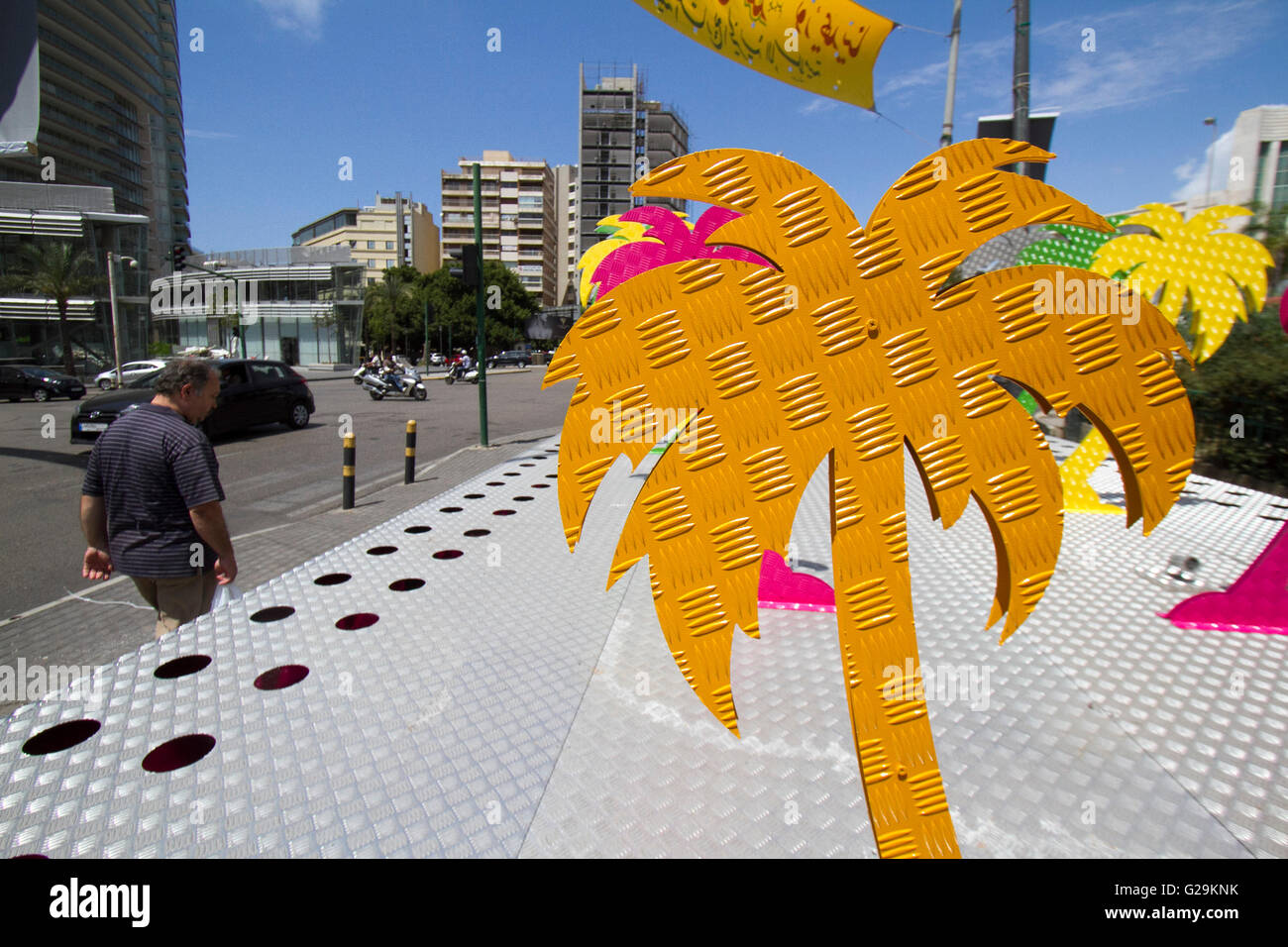 Beirut Lebanon. 27th May 2016. Palm trees are painted in various colors ...