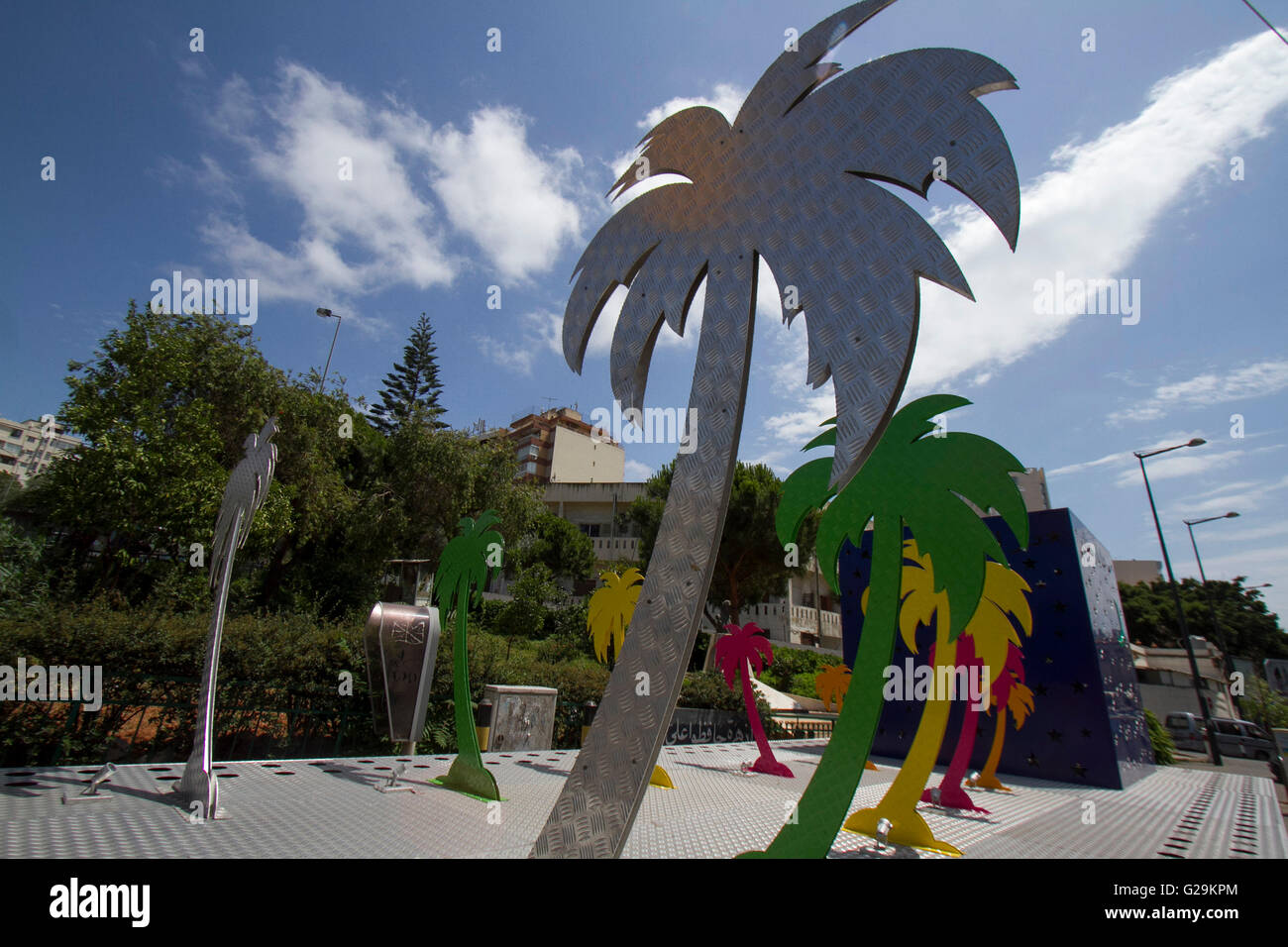Beirut Lebanon. 27th May 2016. Palm trees are painted in various colors ...