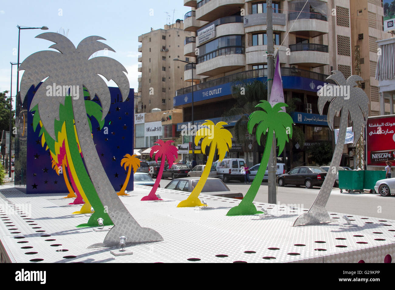 Beirut Lebanon. 27th May 2016. Palm trees are painted in various colors ...