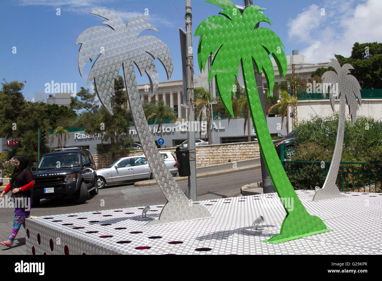 Beirut Lebanon. 27th May 2016. Palm trees are painted in various colors ...