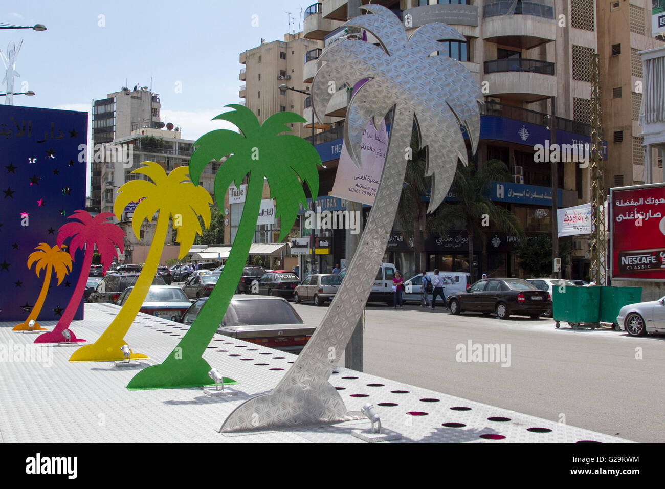 Beirut Lebanon. 27th May 2016. Palm trees are painted in various colors ...