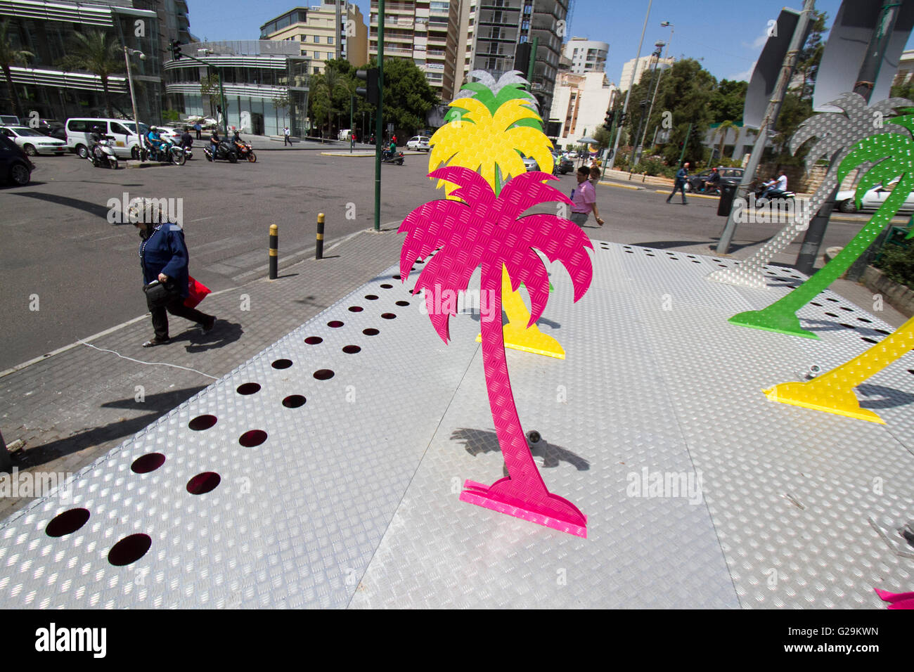 Beirut Lebanon. 27th May 2016. Palm trees are painted in various colors ...