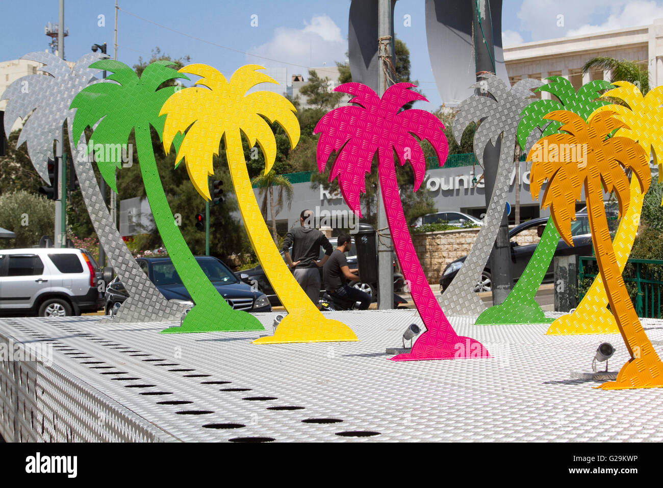 Beirut Lebanon. 27th May 2016. Palm trees are painted in various colors ...